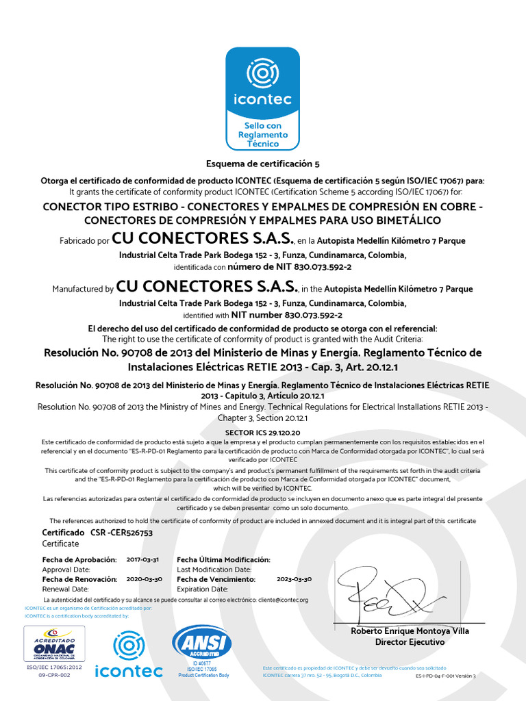 Certificado-CU-Conectores-CSR-CER526753 | PDF