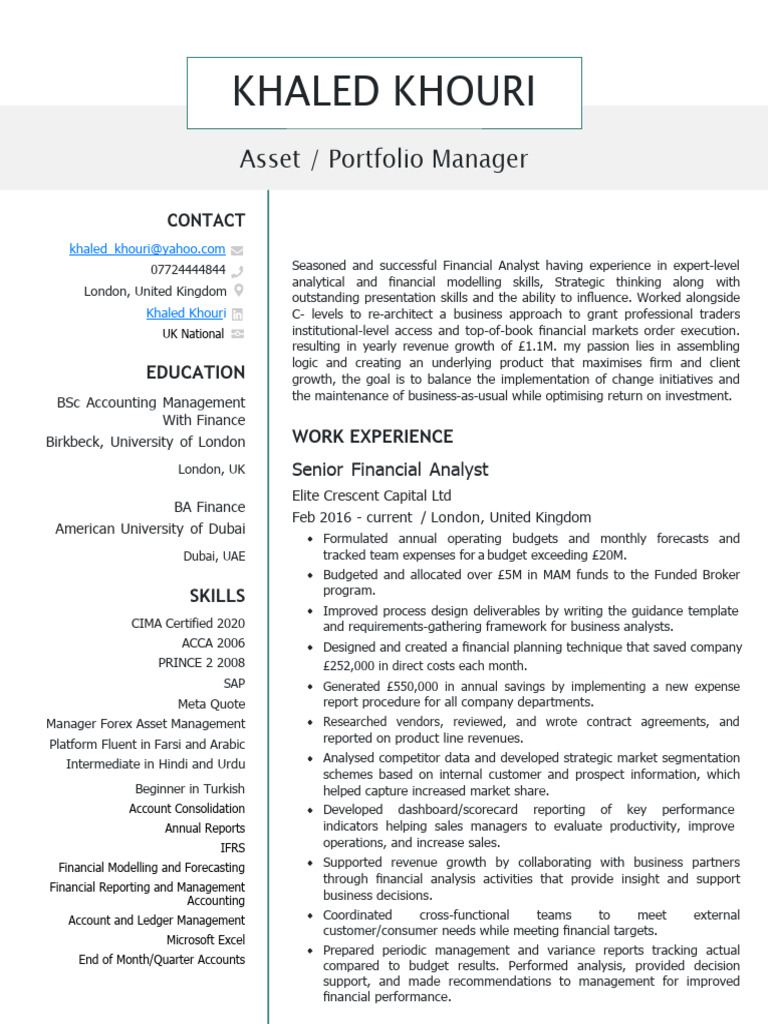 Khaled Khouri CV | PDF | Financial Statement | Financial Analyst