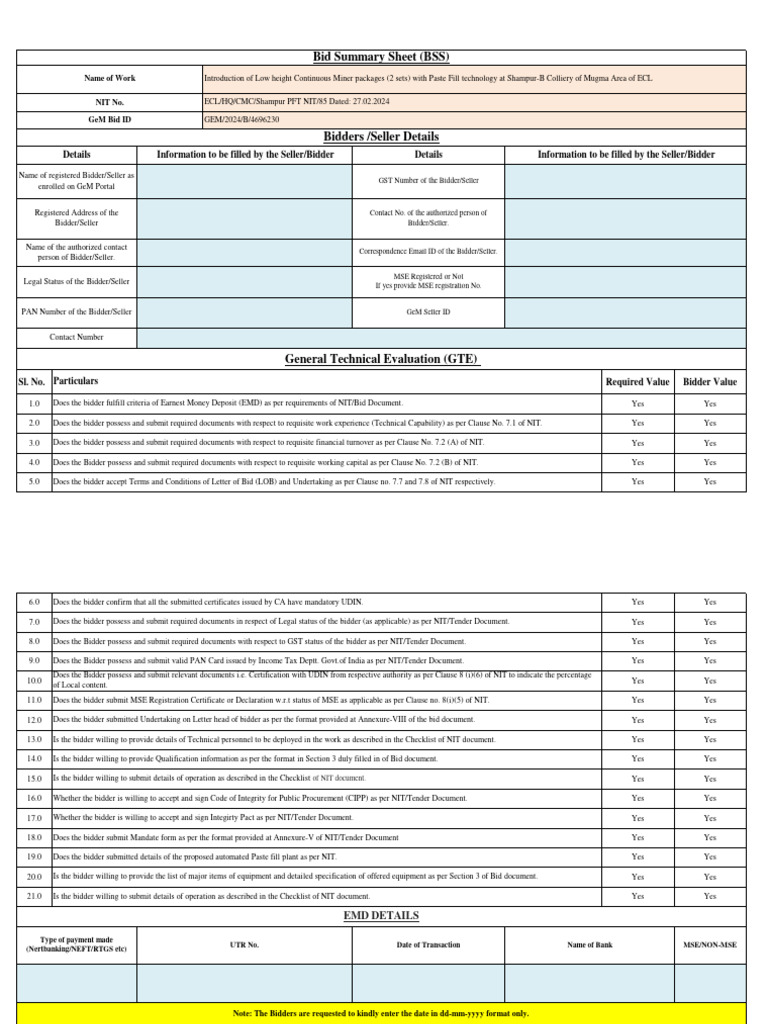 Bid Summary Sheet (BSS) : Name of Work | PDF | Payments
