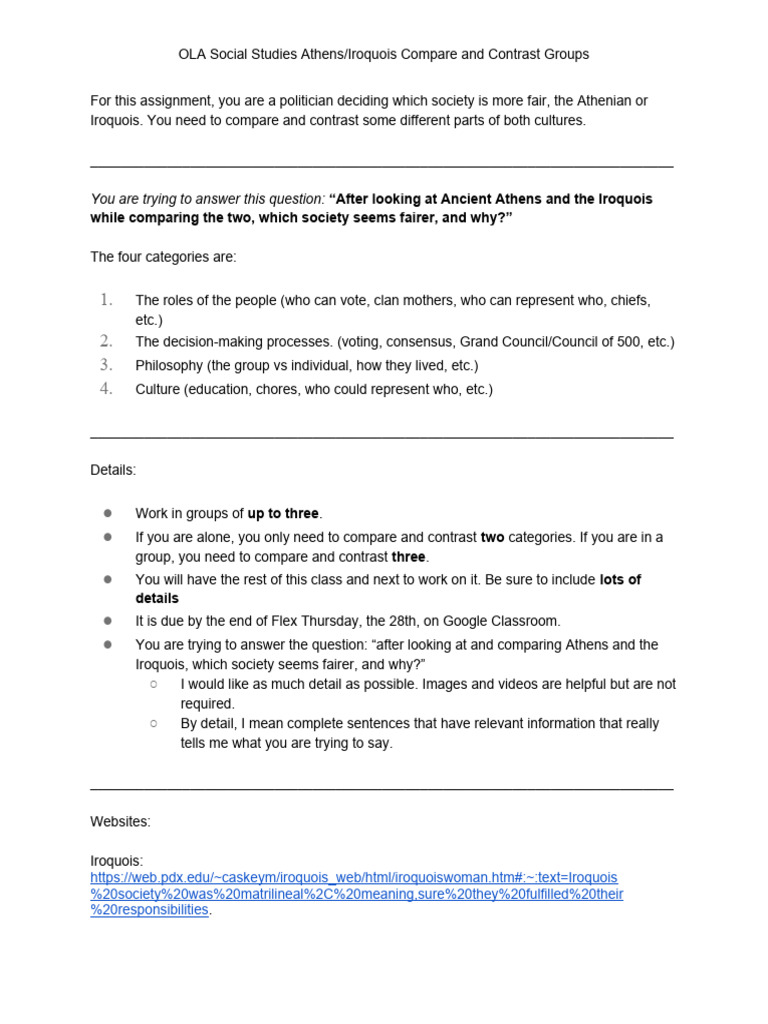 Athens Iroquois Compare Contrast Assignment Details and Groups | PDF ...
