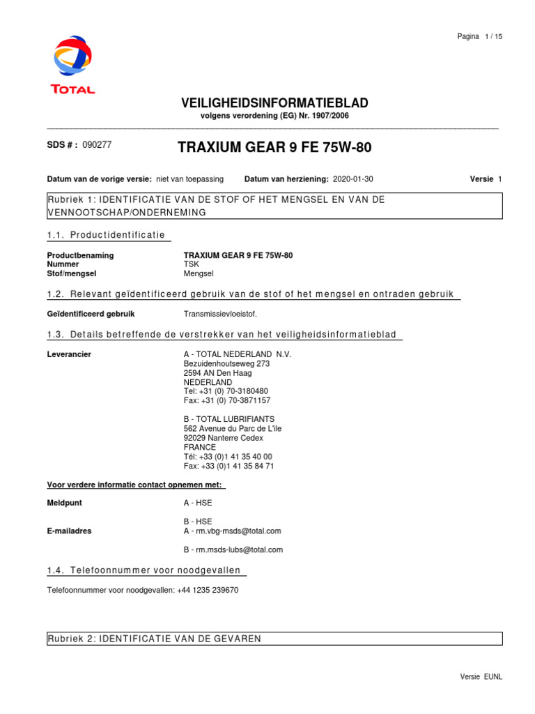 SDS - Total - Traxium Gear 9 Fe 75W-80 - TSK - 202001 NL | PDF