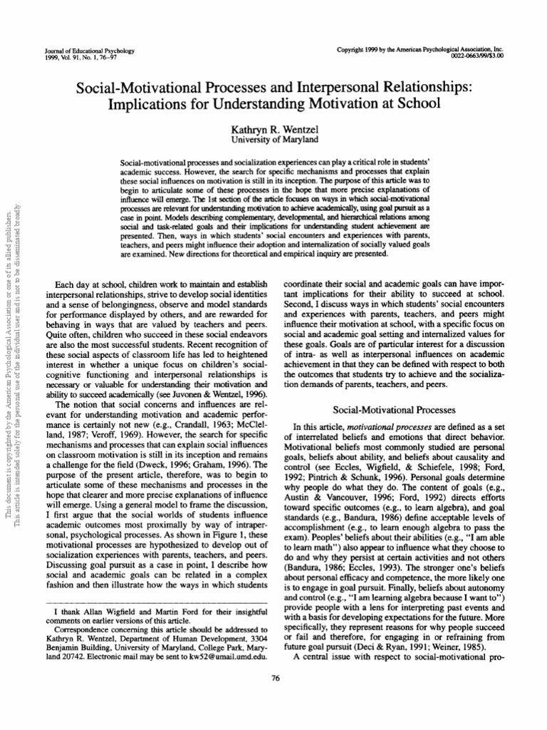 Social-Motivational Processes and Interpersonal Relationships | PDF ...