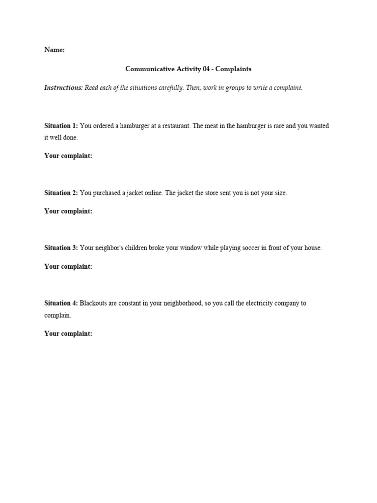 Group Complaint Writing Exercise | PDF