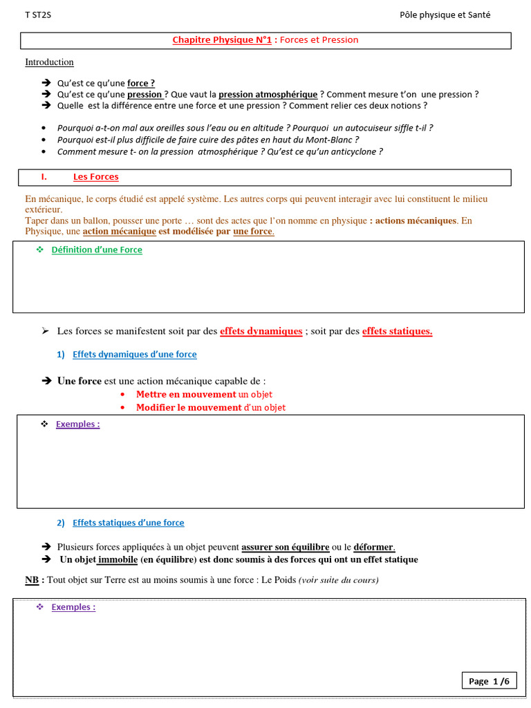 Chapitre Physique Tst2s | PDF | Pression | Poids