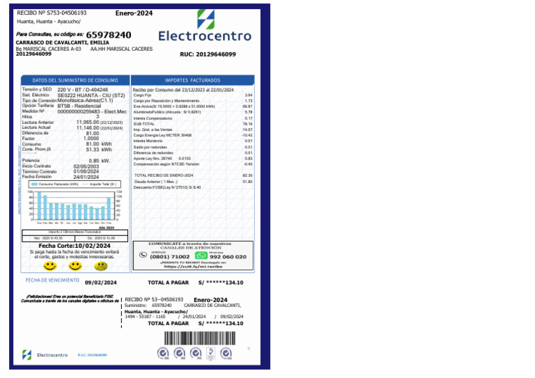 RECIBO ELECTROCENTRO ENERO | PDF | Energia electrica | Poder (Física)