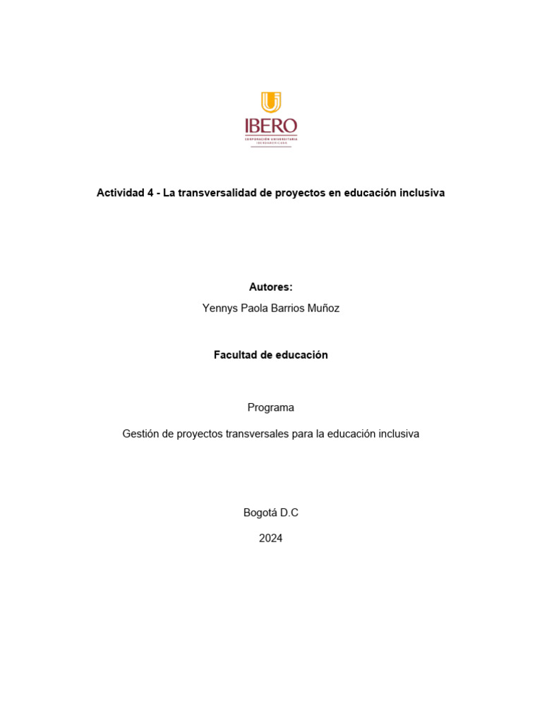 Ensayo Actividad 4 - La Transversalidad de Proyectos en Educación Inclusiva. | PDF | Inclusión ...