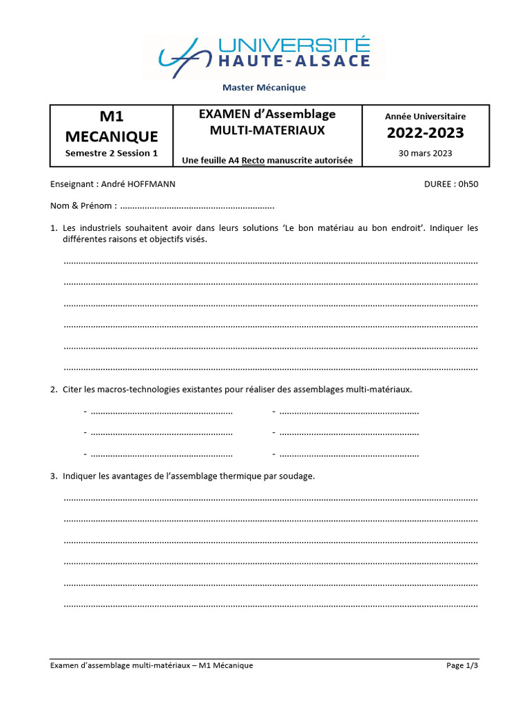 Examen Assemblage Multi-Matériaux M1 | PDF | Soudage | Construction