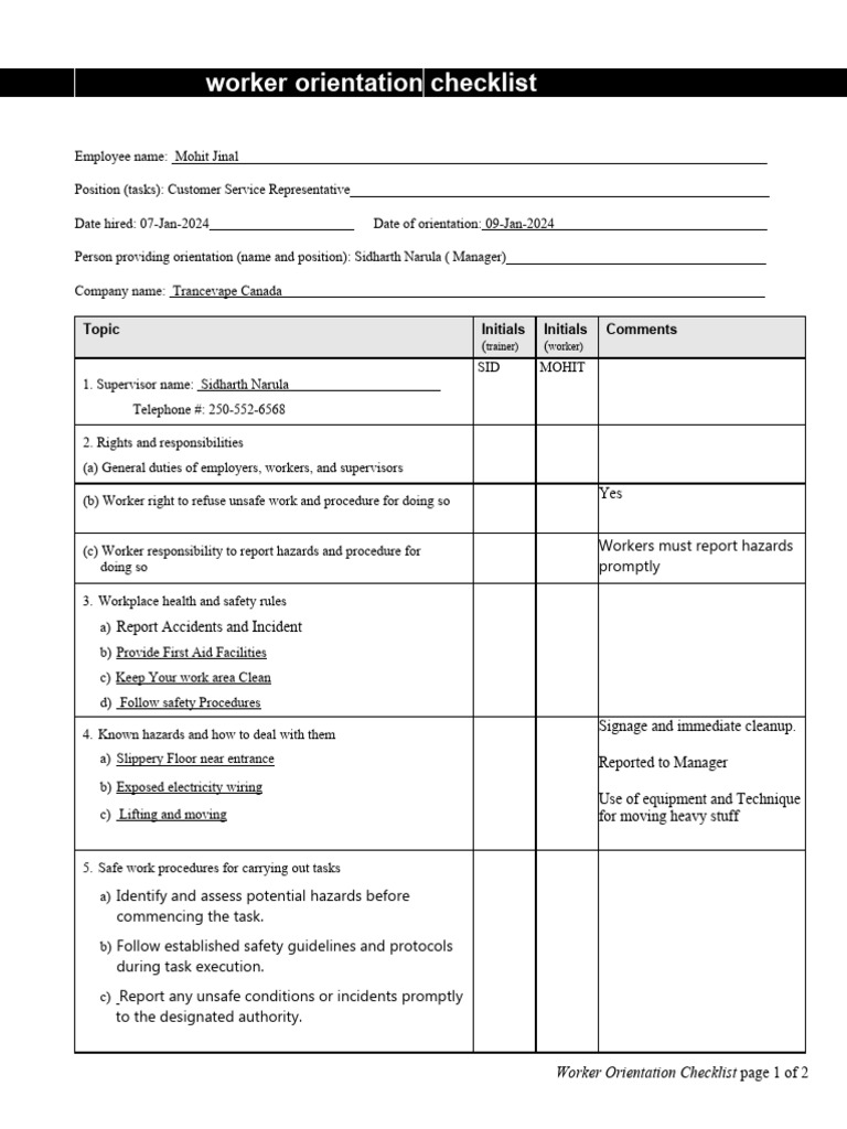sample_yw_orientation_checklist (2) | PDF | Occupational Safety And Health | Dangerous Goods