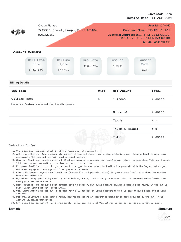 Gym Bill Template 1 | PDF | Physical Exercise | Physical Fitness
