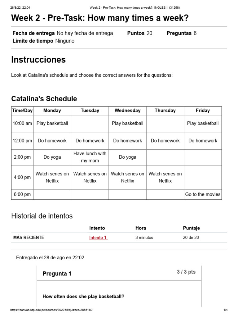 Week 2 - Pre-Task - How Many Times A Week - INGLES II | PDF