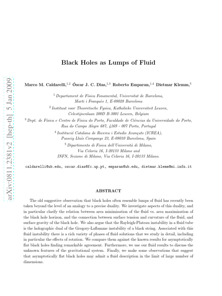 Black Holes As Lumps of Fluid | PDF | Black Hole | General Relativity