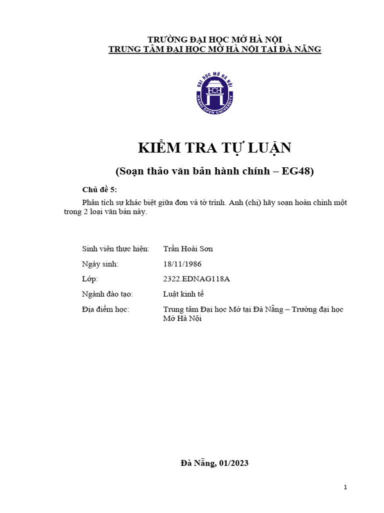 Trần Hoài Sơn - 2322.EDNAG118A - Luật KT - kiểm tra tự luận EG48 Soạn thảo văn bản hành chính | PDF