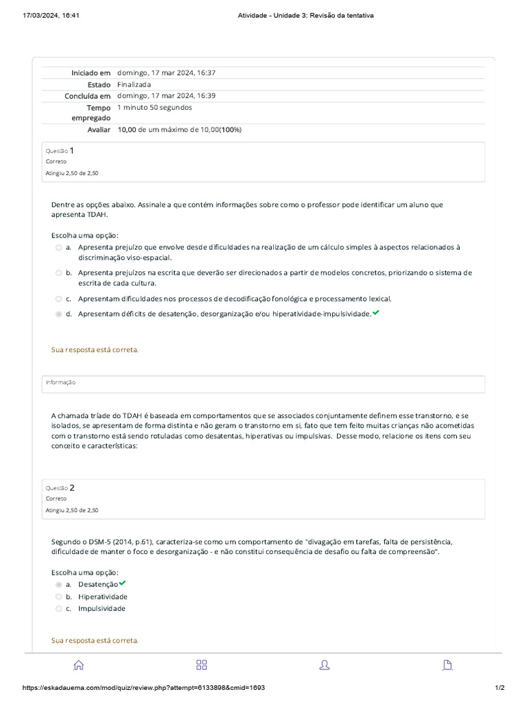 Atividade - Unidade 3 - Revisão Da Tentativa Dificuldade de Aprendizagem | PDF | Transtorno de ...