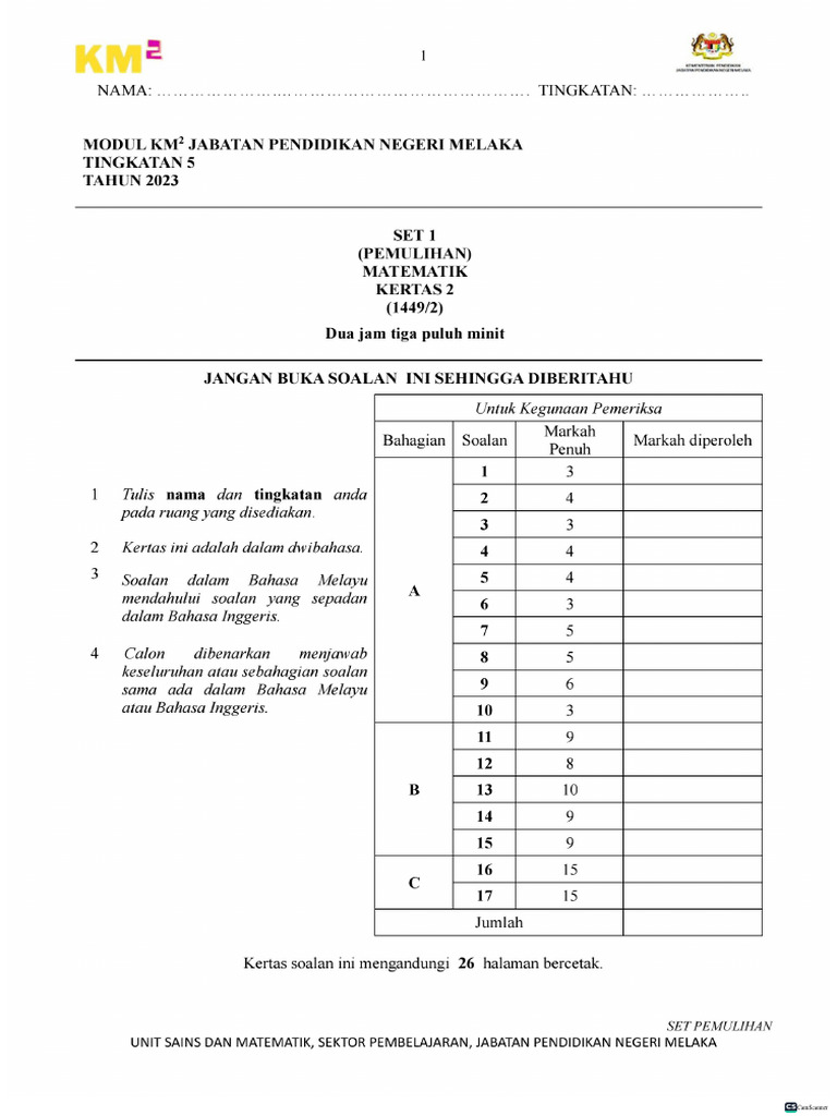 Modul KM2 Matematik Set 1 & Set 2 Pemulihan Soalan 2023 New | PDF