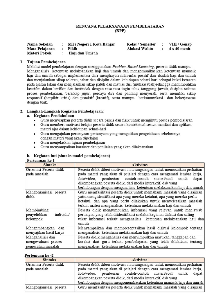 RPP Fikih Kelas VIII: Haji & Umrah | PDF | Karier & Perkembangan | Sains & Matematika