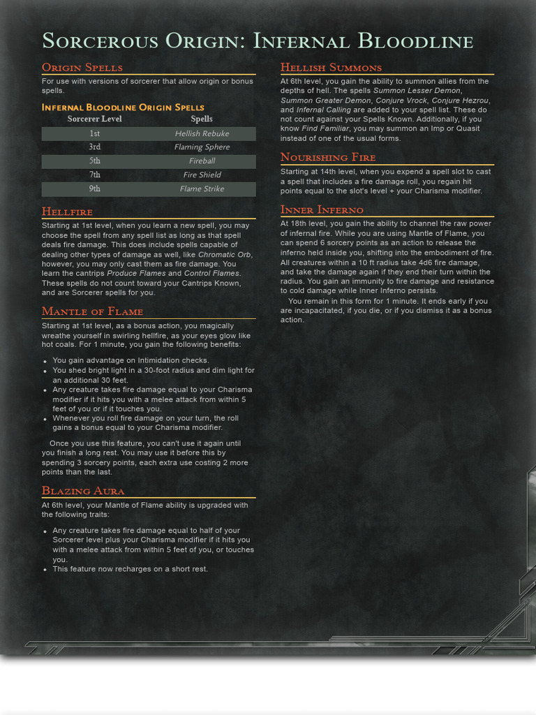 Sorcerous Origin - Infernal Bloodline - GM Binder | PDF | Hell