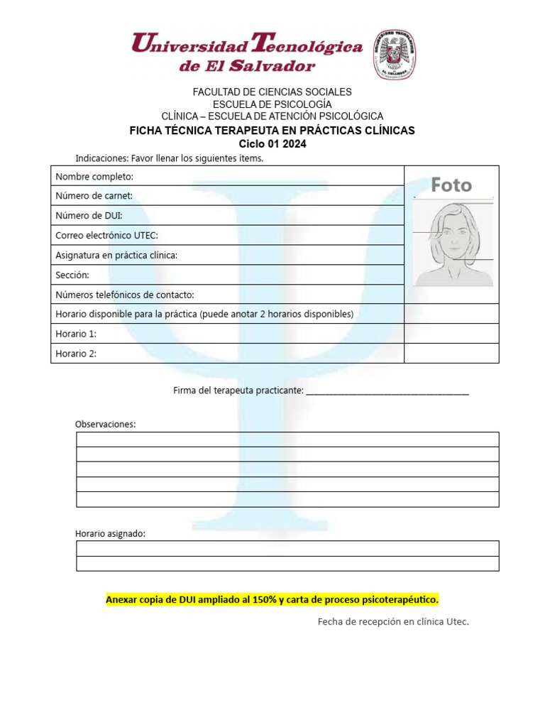 Ficha para terapeutas 01 2024 | PDF | Sicología | Psicoterapia