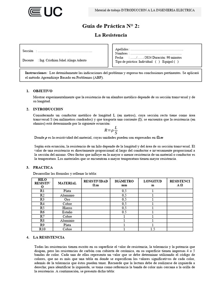 Guia de Practica N°2 Resistencias | PDF | Resistencia Eléctrica y Conductancia | Resistividad ...