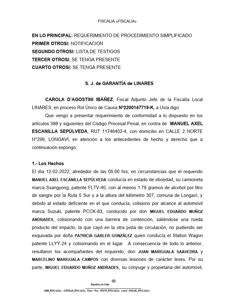 Requerimiento por Manejo Ebrio y Lesiones | PDF | Fiscal | Ley Pública