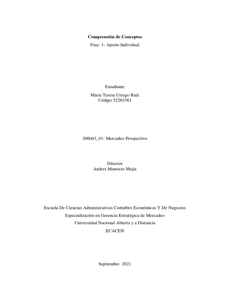 María Teresa Urrego Ruíz, Código 52263361. 206043 - 1 MERCADEO PROSPECTIVO - COMPRENSION DE ...