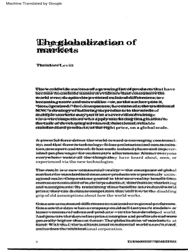 Levitt Globalization Markets (1) | PDF | Marketing | Business