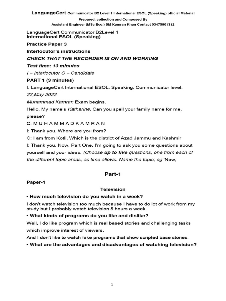 LanguageCert B2 ESOL Speaking Practice Paper | PDF | Career & Growth