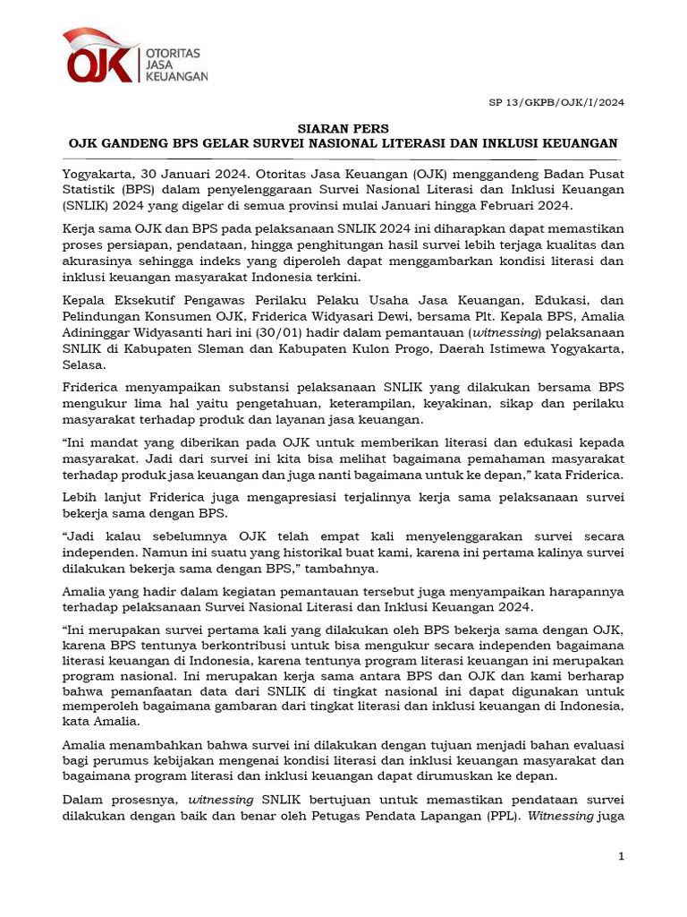 SP - OJK Gandeng BPS Gelar Survei Nasional Literasi Dan Inklusi Keuangan | PDF | Ilmu Sosial