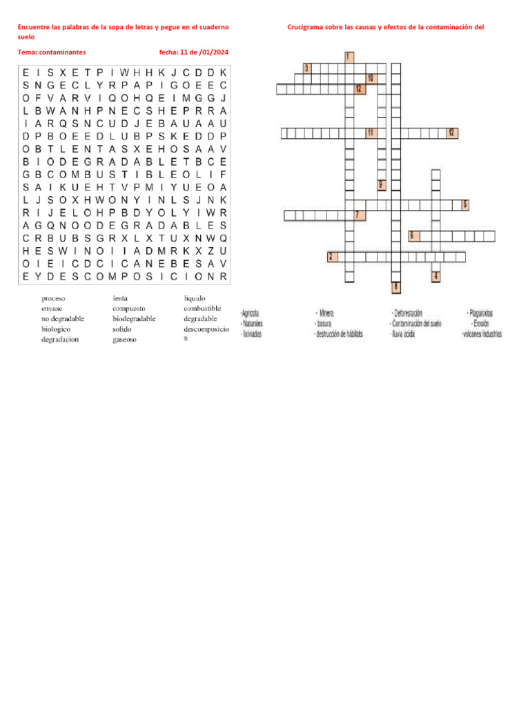 Sopa de letras y pegue y Crucigrama sobre las causas y efectos de la ...