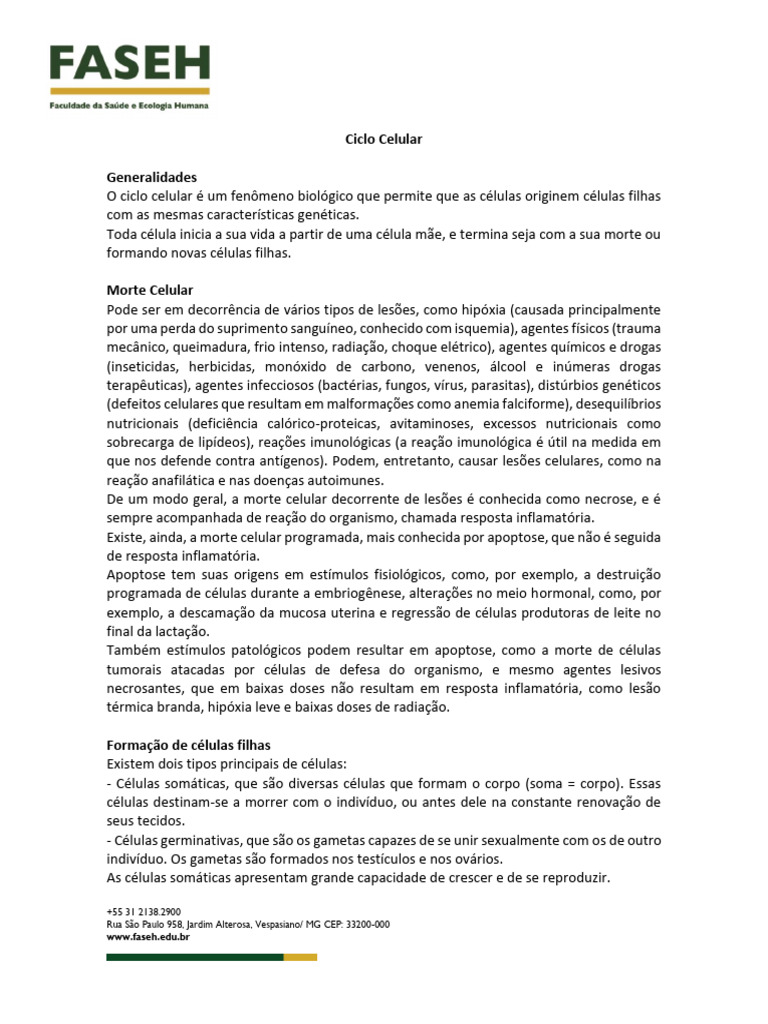 Aula Ciclo Celular Pdf Mitose Célula Biologia