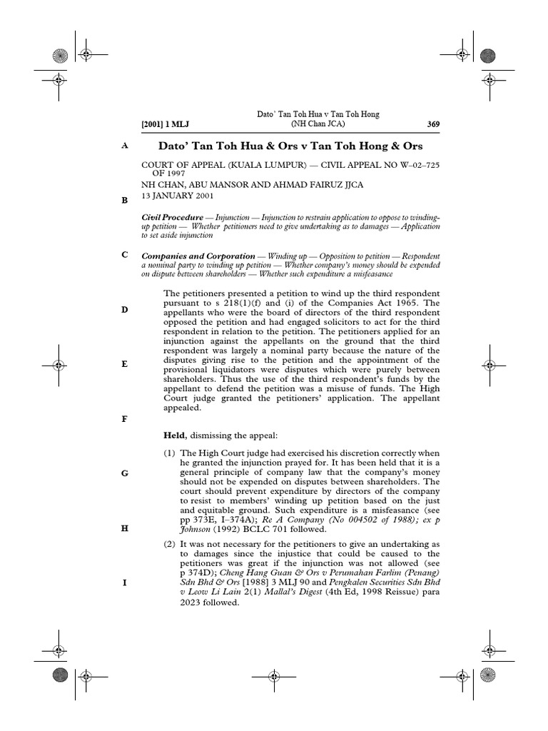 DATO' TAN TOH HUA & ORS V TAN TOH HONG & ORS | PDF | Liquidation ...
