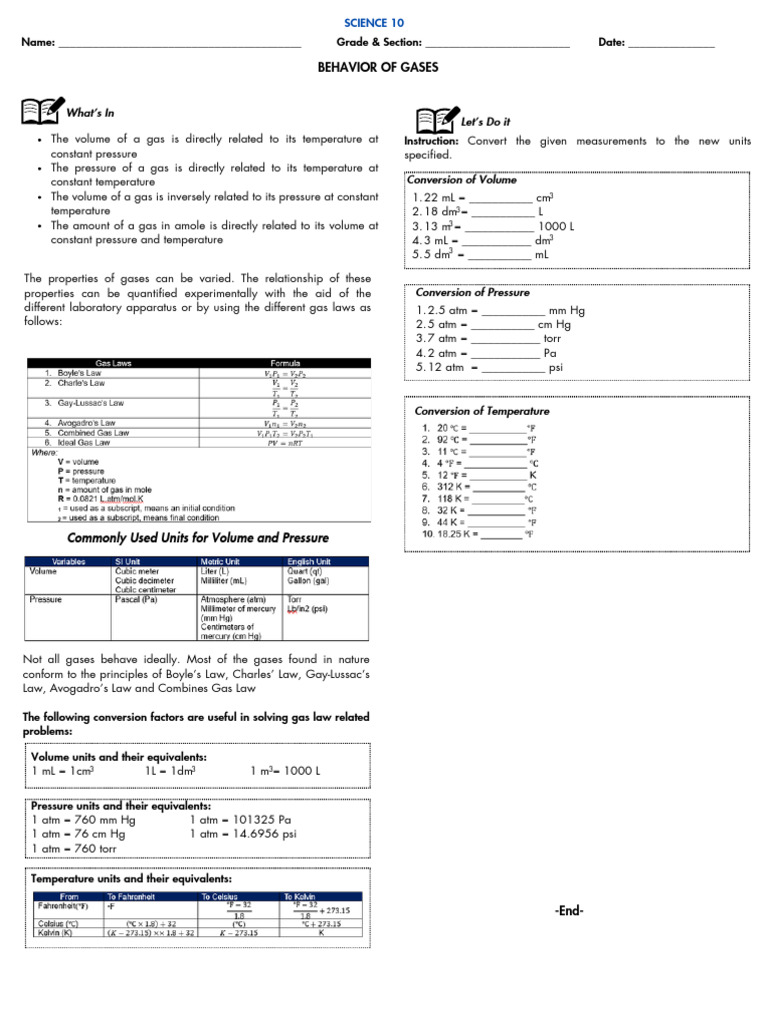 LEARNING ACTIVITY SHEET 3 (Behavior of Gases) - Science 10 (4th Quarter ...