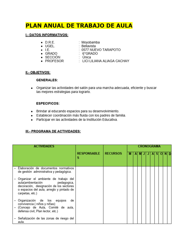 Plan Anual de Trabajo de Aula | PDF