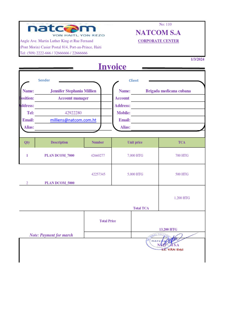 Invoice for NATCOM S.A Services | PDF