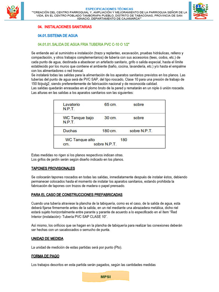 INSTALACIONES SANITARIAS - ESPECIFICACIONES TECNICAS | PDF | Tubería (transporte de fluidos ...