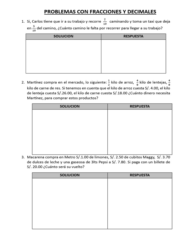 Problemas Con Fracciones y Decimales | PDF