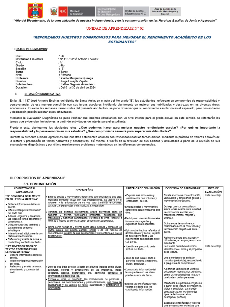 Unidad Abril 4to Grado 2024 | PDF | Evaluación | Números