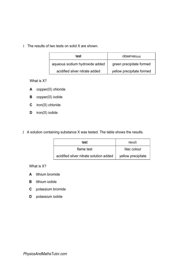Identification of Ions & Gases (Multiple Choice) QP | PDF ...