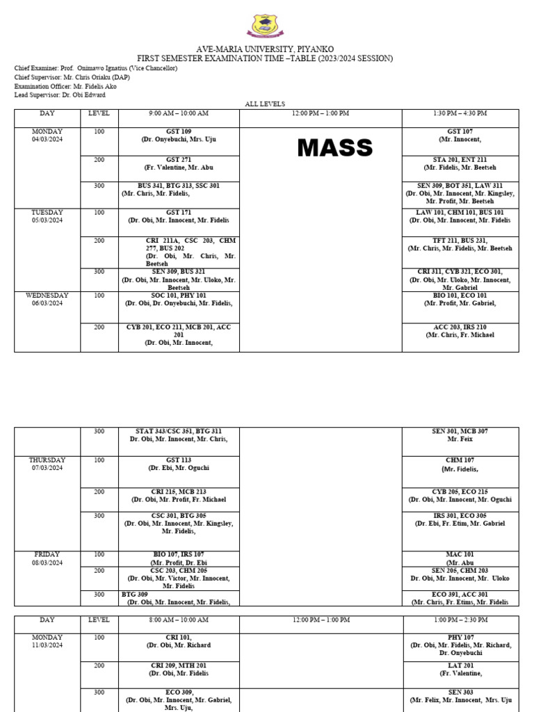 TIME TABLE First Semeter 2024. Orig | PDF | Educational Institutions | Academia