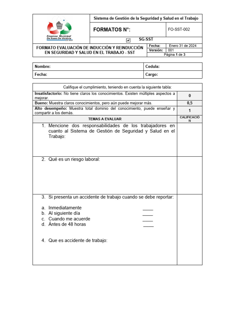 FO SST 002 Formato Evaluacion Induccion y Reinduccion de SST | PDF