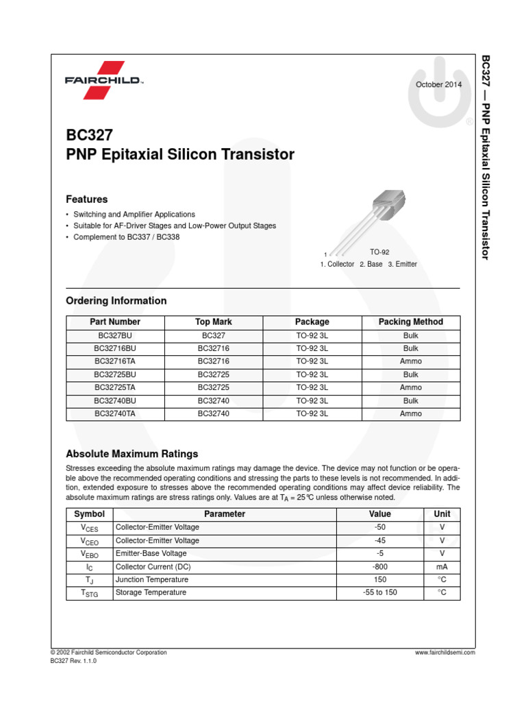 BC327 PNP Silicon Transistor Datasheet | PDF | Bipolar Junction ...
