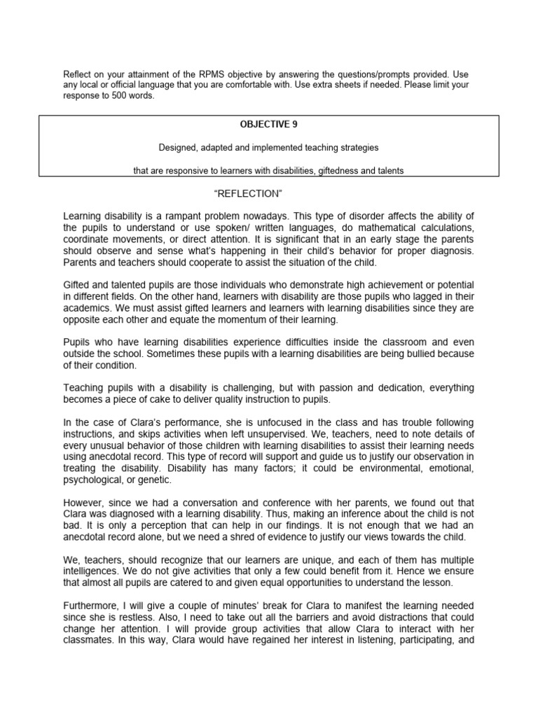 Teacher Reflection Form For Ranking | PDF | Attention Deficit Hyperactivity Disorder | Learning ...