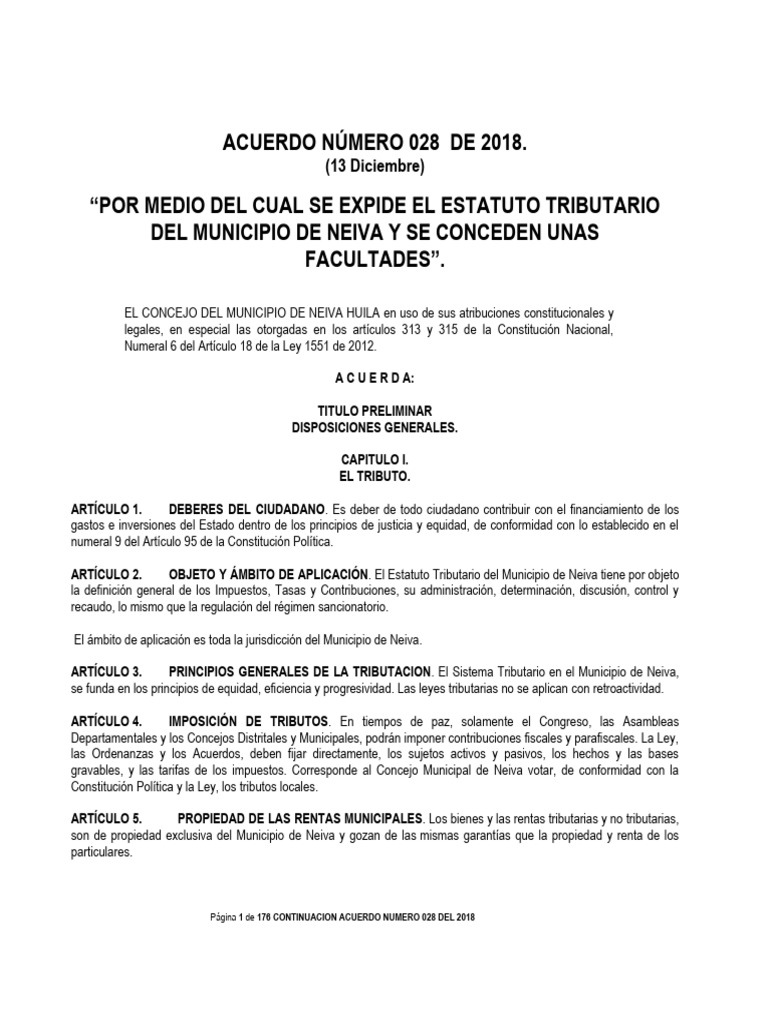 Acuerdo Numero 028 Del 2018 Estatuto Tributario 2018 Revizado