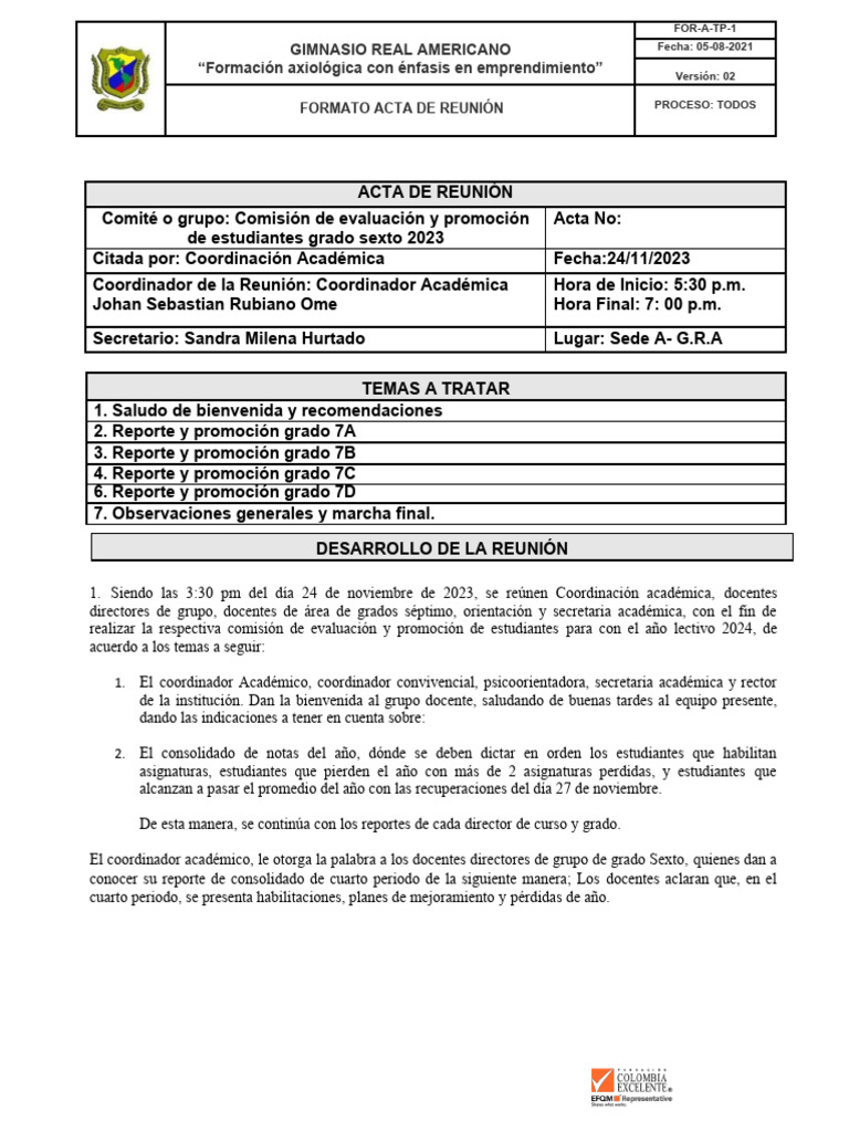 Acta Final Consolidado Año Academico 2023 Grado 7 | PDF | Science