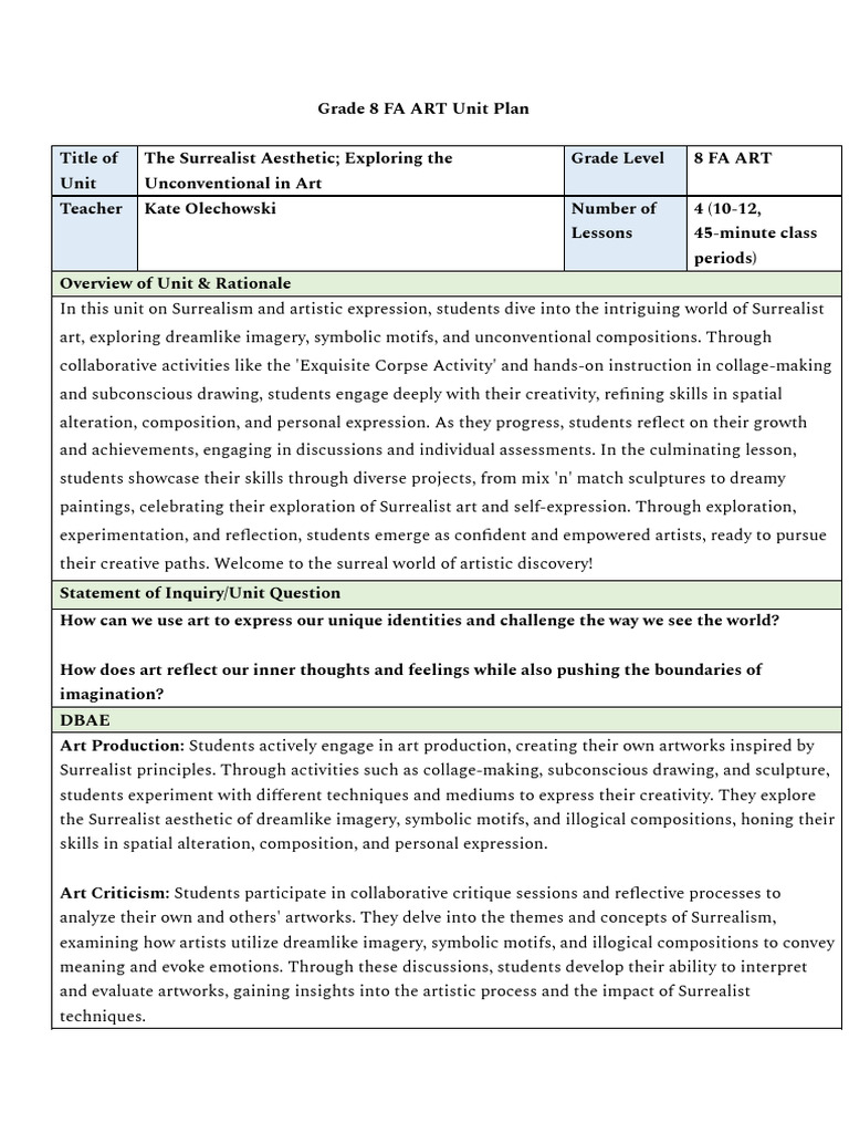 Grade 8 Fa Art Unit Plan | PDF | Surrealism | Drawing