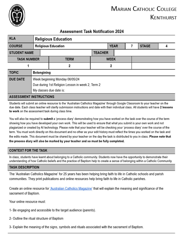 Year 7 Formal Assessment Task 1 2024-1 | PDF | Sacraments | Baptism