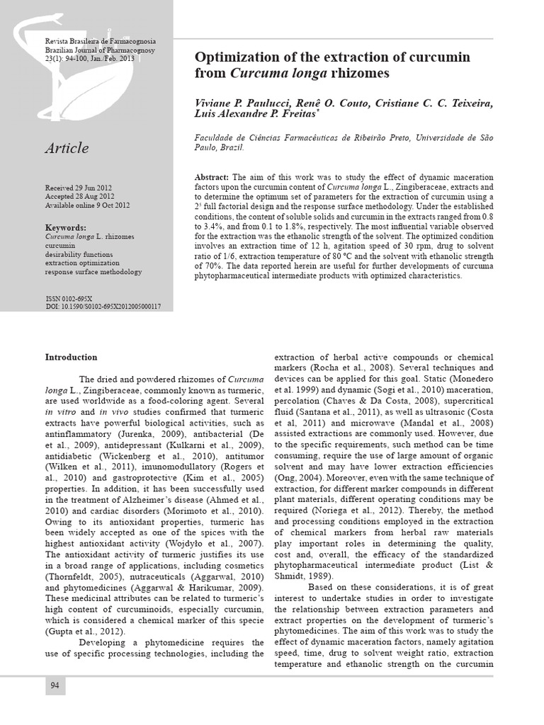 Optimization of The Extraction of Curcumin From Curcuma Longa Rhizomes ...