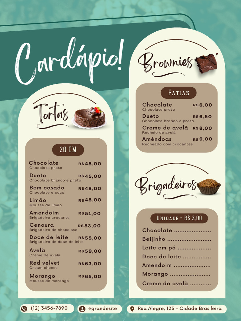 Cardápio para Doceria Com Bolo Brigadeiro e Brownie | PDF