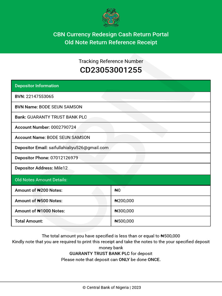 CBN Currency Redesign Cash Return Portal Old Note Return Reference ...