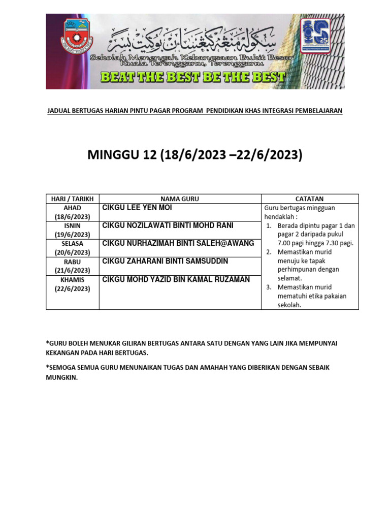 Jadual Bertugas Harian M12 | PDF