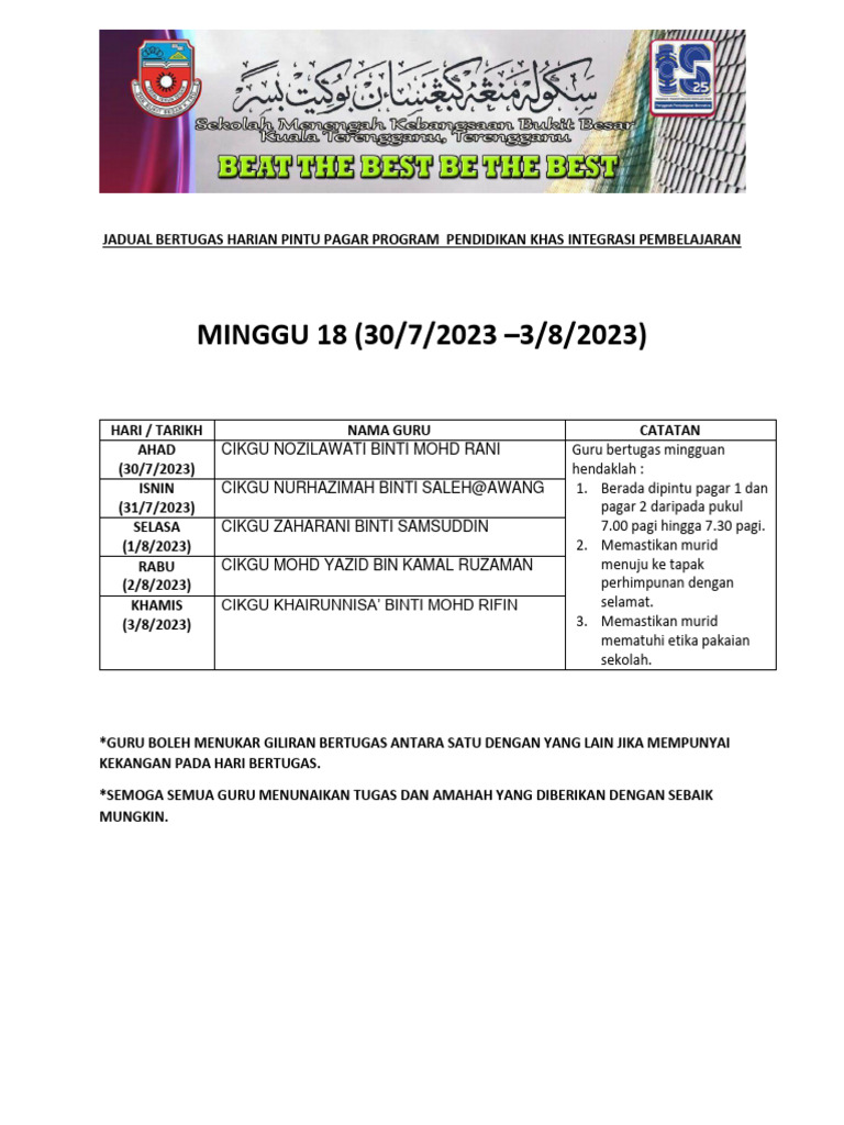 Jadual Bertugas Harian M18 | PDF